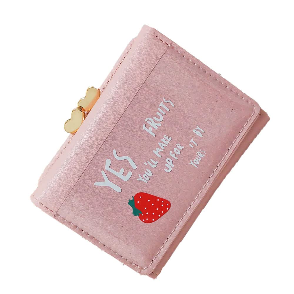 Loxepur Women Cute Fruit Print Wallet Tri-Fold Multi-card Coin Purse (Pink)