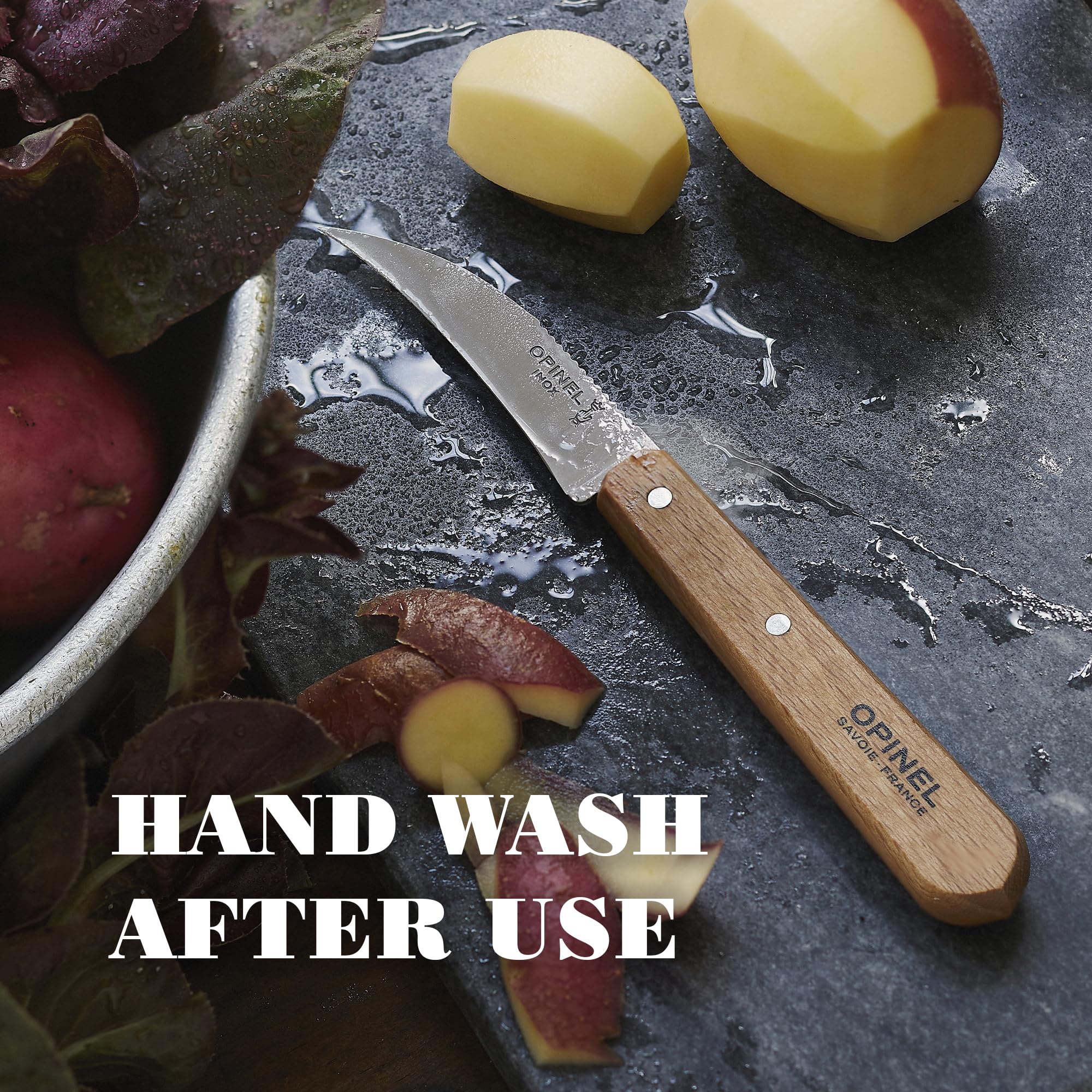 OPINEL Essential Single Kitchen Knife, Cooking Tool Bird's Beak Knife, Veggie Knife, Painted Hornbeam Wood Handles, Made in France (No. 114, Blue)