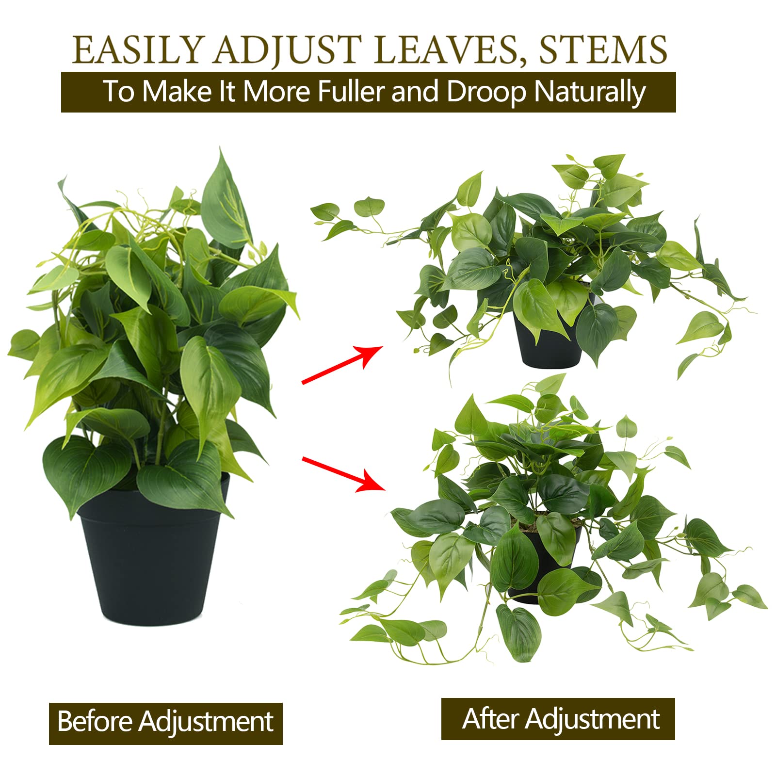 LOYWREE Artificial Plants in Pots, Faux Pothos Indoor Green Realistic Fake Plant for Home Office Garden Decoration - Black Pot
