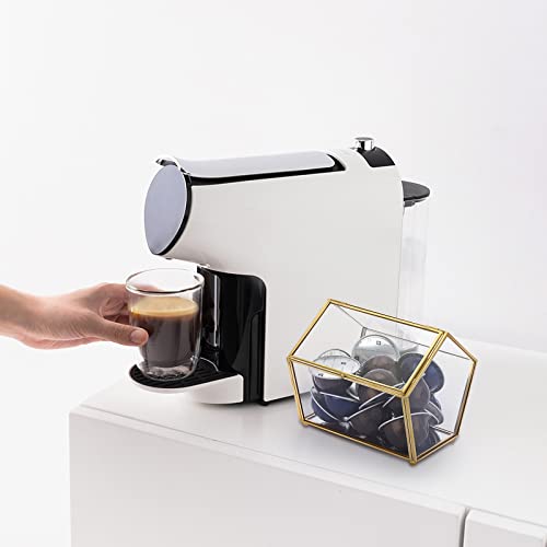 ELLDOO Gold Glass Pentaprism Coffee Pods Holder with Lid for Nespresso Vertuoline Capsule, Tea Bags Sugar Packets Sweeteners Candy Snack Storage for Counter, Coffee Bar, Kitchen, Breakroom