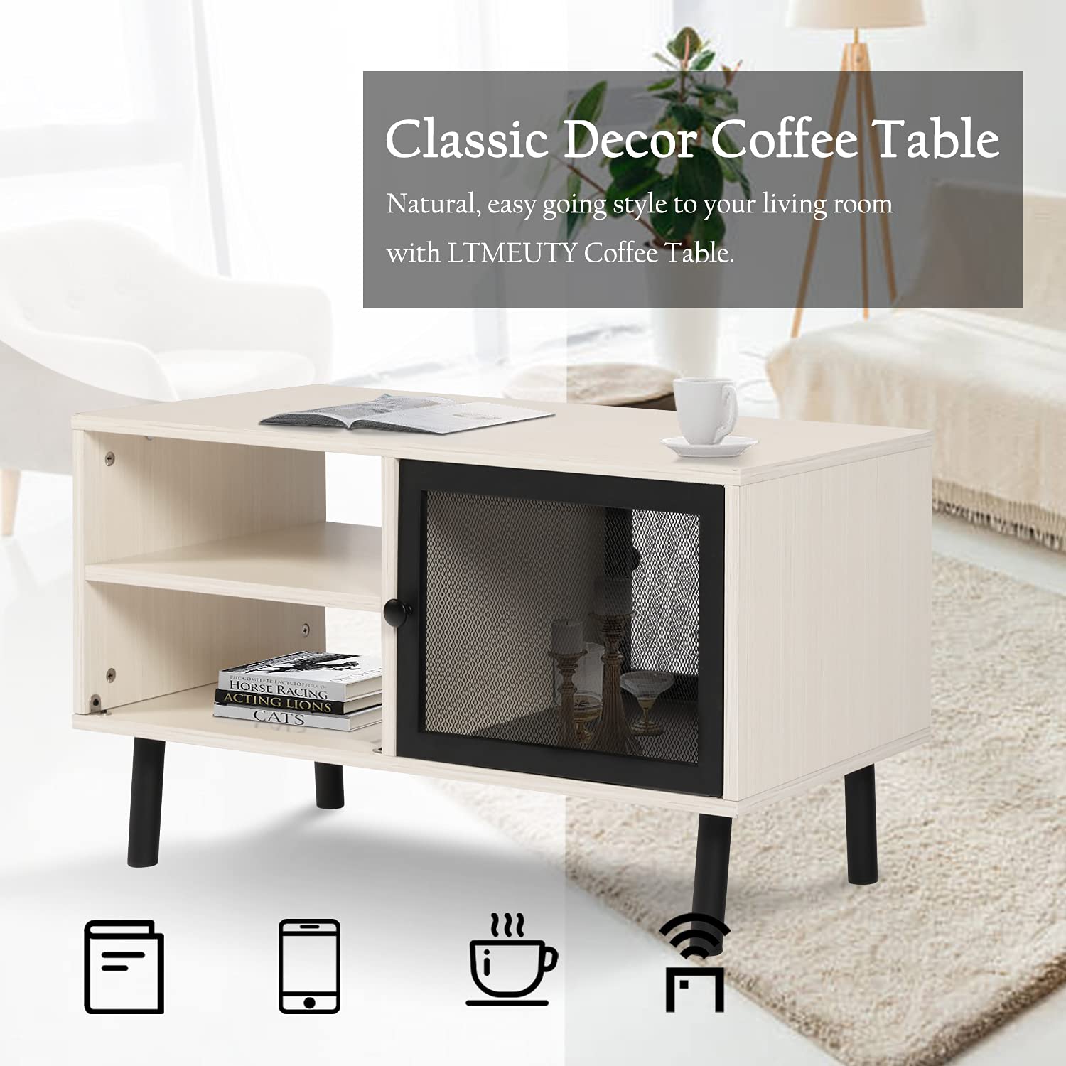 LTMEUTY Coffee Table for Living Room, Mid-Century Modern Coffee Table with Double Mesh Doors & Open Storage Shelves, Wood and Metal Cocktail Table, Accent Furniture, White Wood Grain