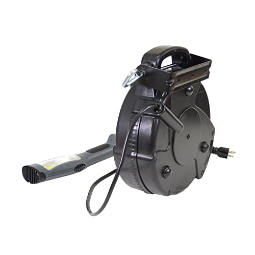 Alert ProReel 8150MM Retractable Cord Reel w/LED Work Light | 50' - 16/3 SJTOW Task Light Cord | 14W LED Shop Light Provides 1500 Lumens | Grounded Outlet with On/Off Handle Switch