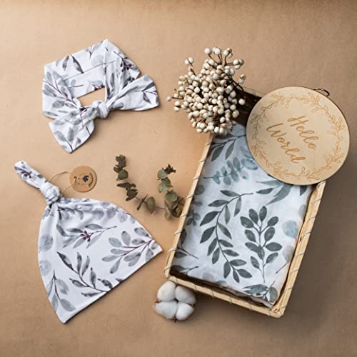 Miaoberry 100% Organic Eucalyptus Muslin Swaddle Set with Hat and Bow