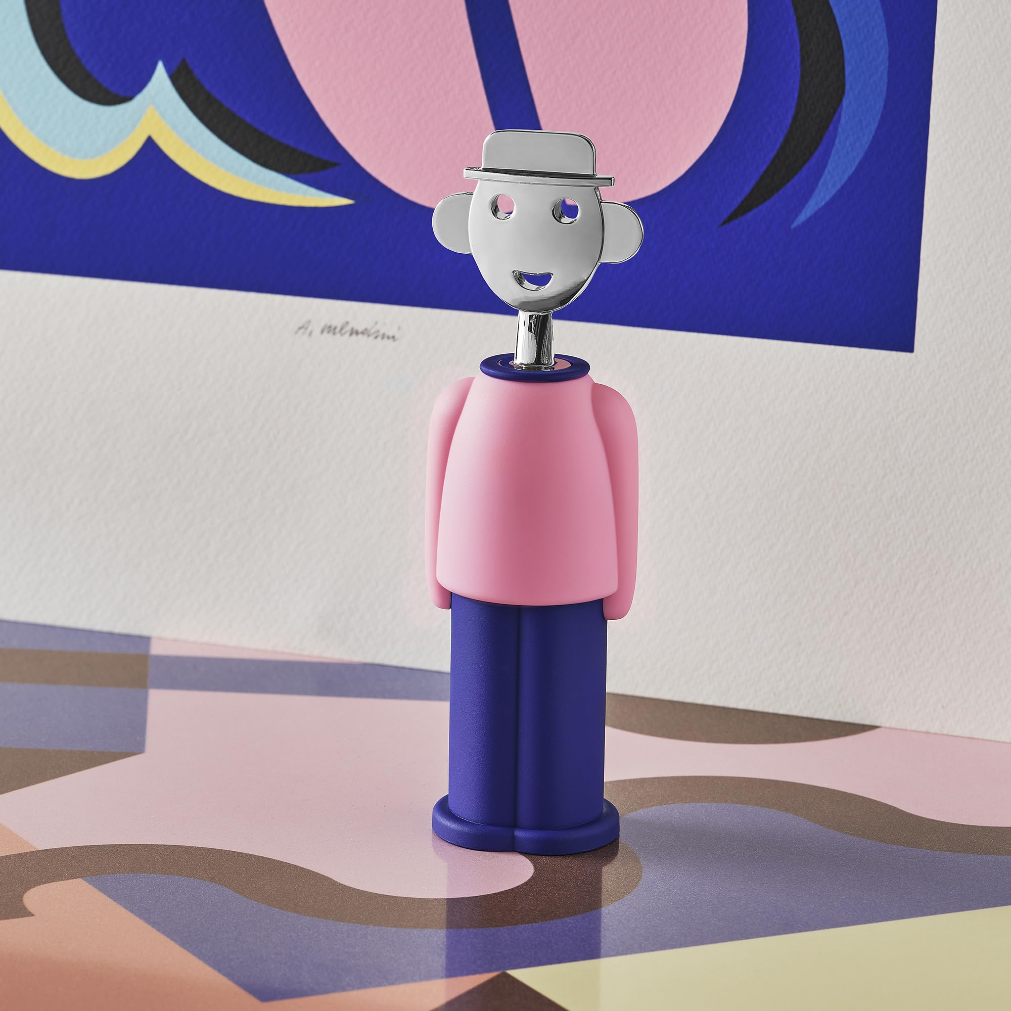 Alessi AM23 PAZ - Alessandro M. Corkscrew in thermoplastic resin, pink and blue and chrome plated zamak.