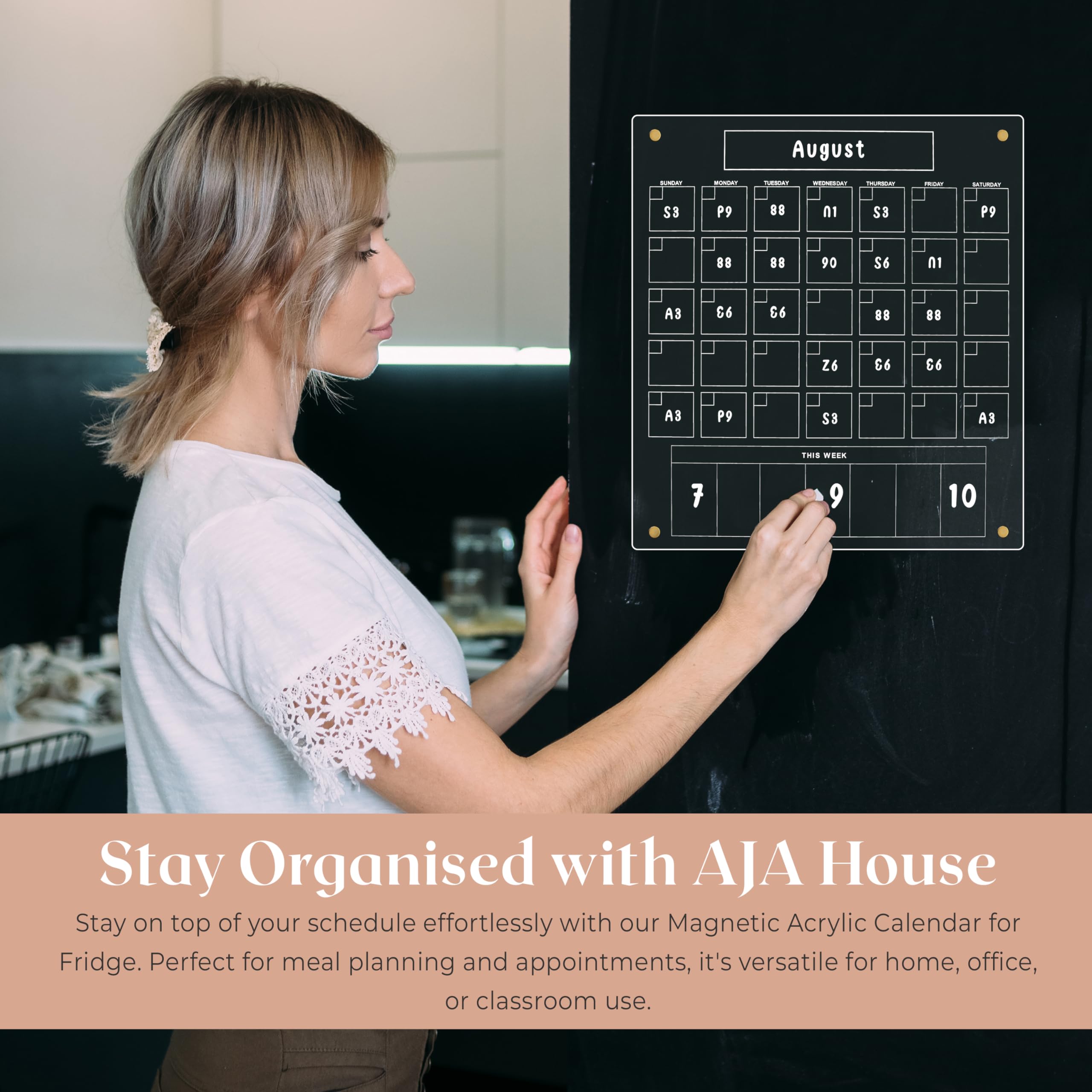 AJA House Acrylic Magnetic Fridge Calendar - Clear Refrigerator Dry Erase Board Calendar | Magnetic Monthly Grid And Weekly Planner Section | 15โโx17โโ Vertical Fridge Calendar | Gold Magnets