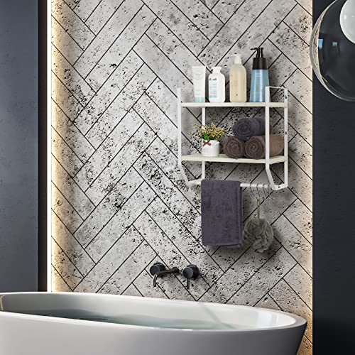 Bathroom Shelf with Towel Bar 2 Tier Wall Mounted Industrial Towel Rack with Shelf 5 Hooks for Bathroom Kitchen Living Room (White)