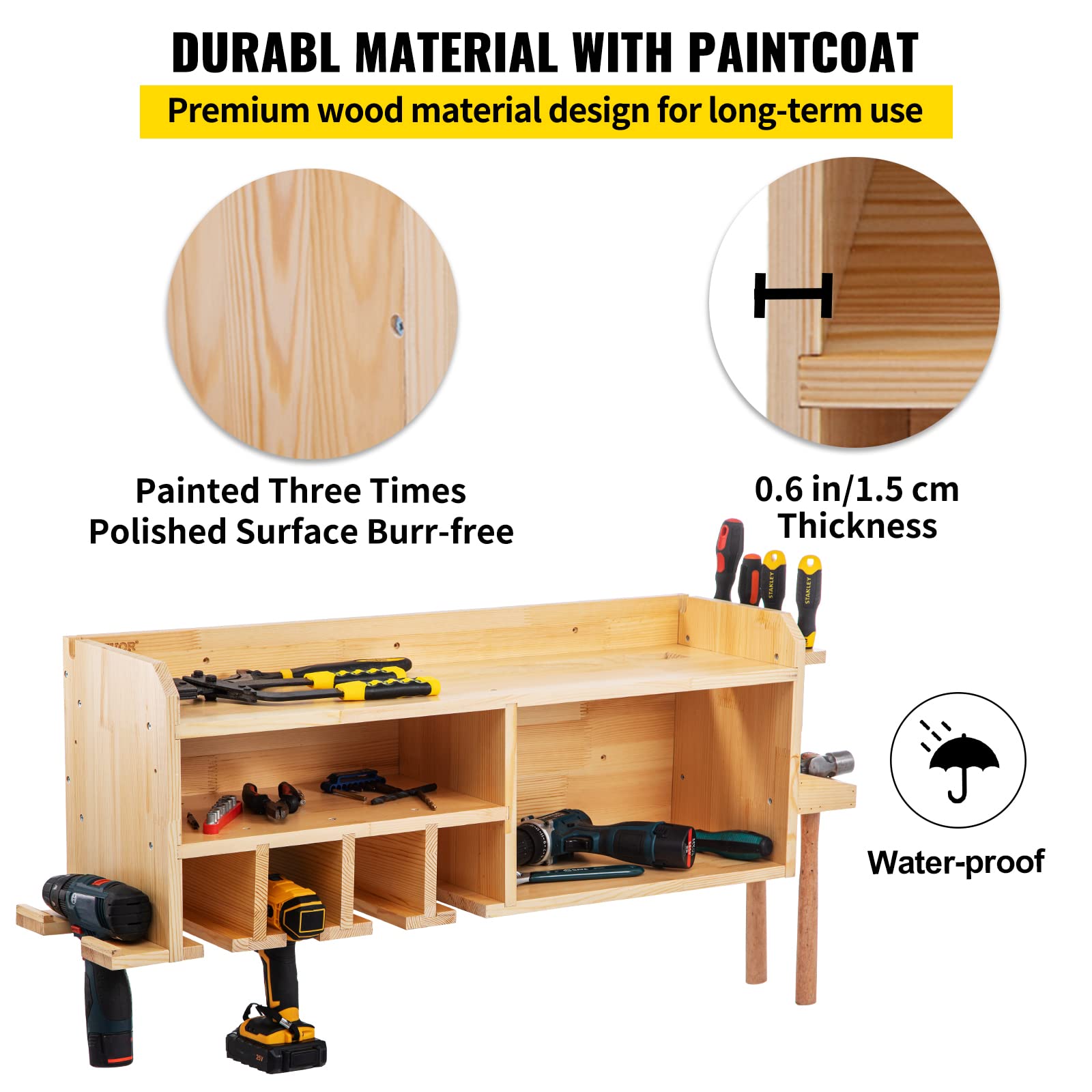 VEVOR Power Tool Organizer, Wall Mount Drill Holder, 4 Drill Hanging Slots Drill Charging Station, 3-Shelf Cordless Drill Storage, Polished Wooden Toolbox for Saw, Impact Wrench, Screwdriver Drill