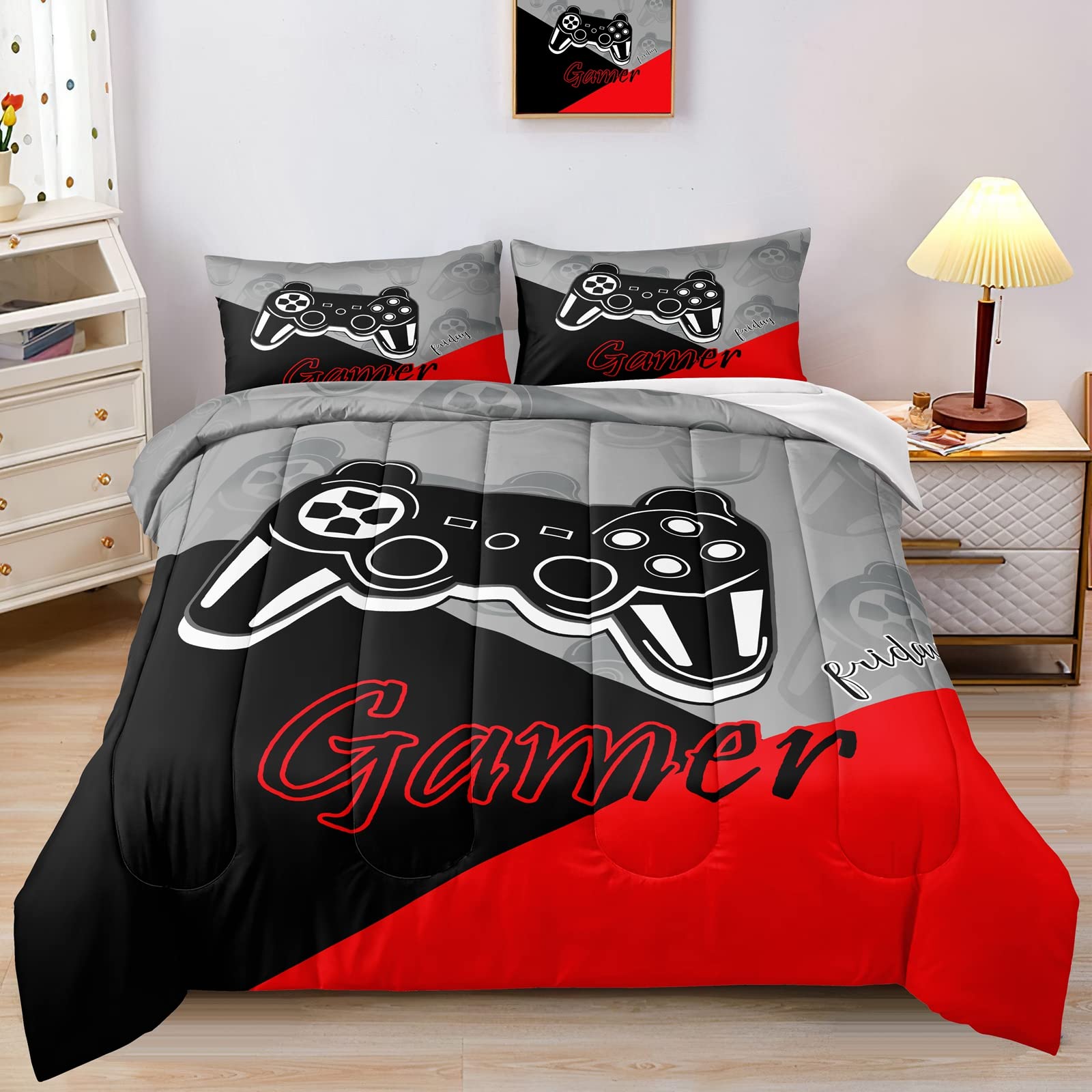BDUCOK Gamer Comforter Sets for Boys, Gaming Bedding Set Queen Set,Video Games Comforter for Boys Kids Adult Gamepad Comforter Set Gamer Room Decor for Teen Boys 1 Comforter with 2 Pillow Cases