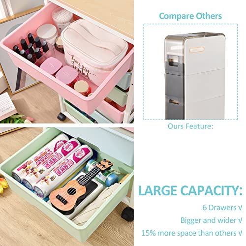 TOOLF Rolling Storage Cart with 6 Drawers, Wooden Tabletop, Easy Movement, Large Capacity, Durable Construction & Colorful Style in White Bar