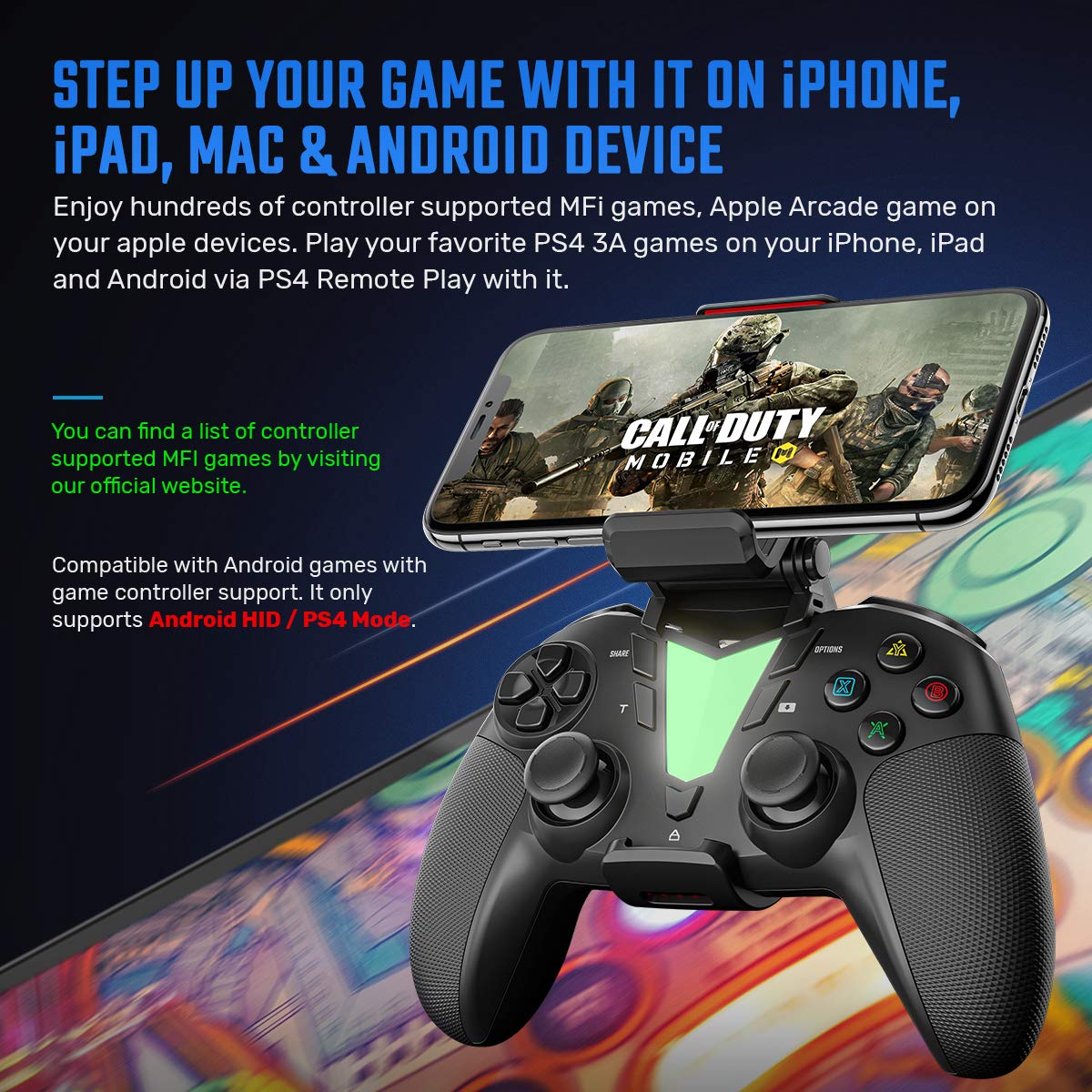 IFYOO Mobile Game Controller Compatible with iPhone iPad(Ver.13 or Later, Only for MFi Games) / Android Smart Phone(Just for Ver.10) / PS4, ONE Pro Wireless Gaming Gamepad Joystick - Black