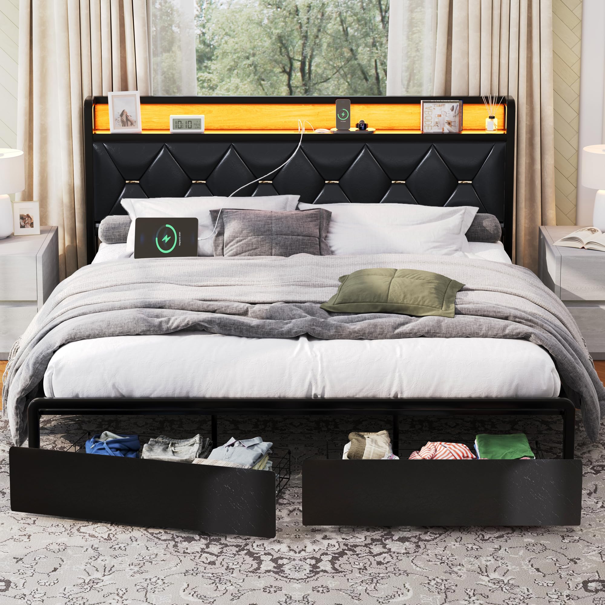 Ailisite Led Queen Size Bed Frame with Storage Headboard, Upholstered Bed Frame with TypC & TypA Charging Station, Black Queen Size Bed Frames with Storage Drawers, No Box Spring Needed,Easy Assembly