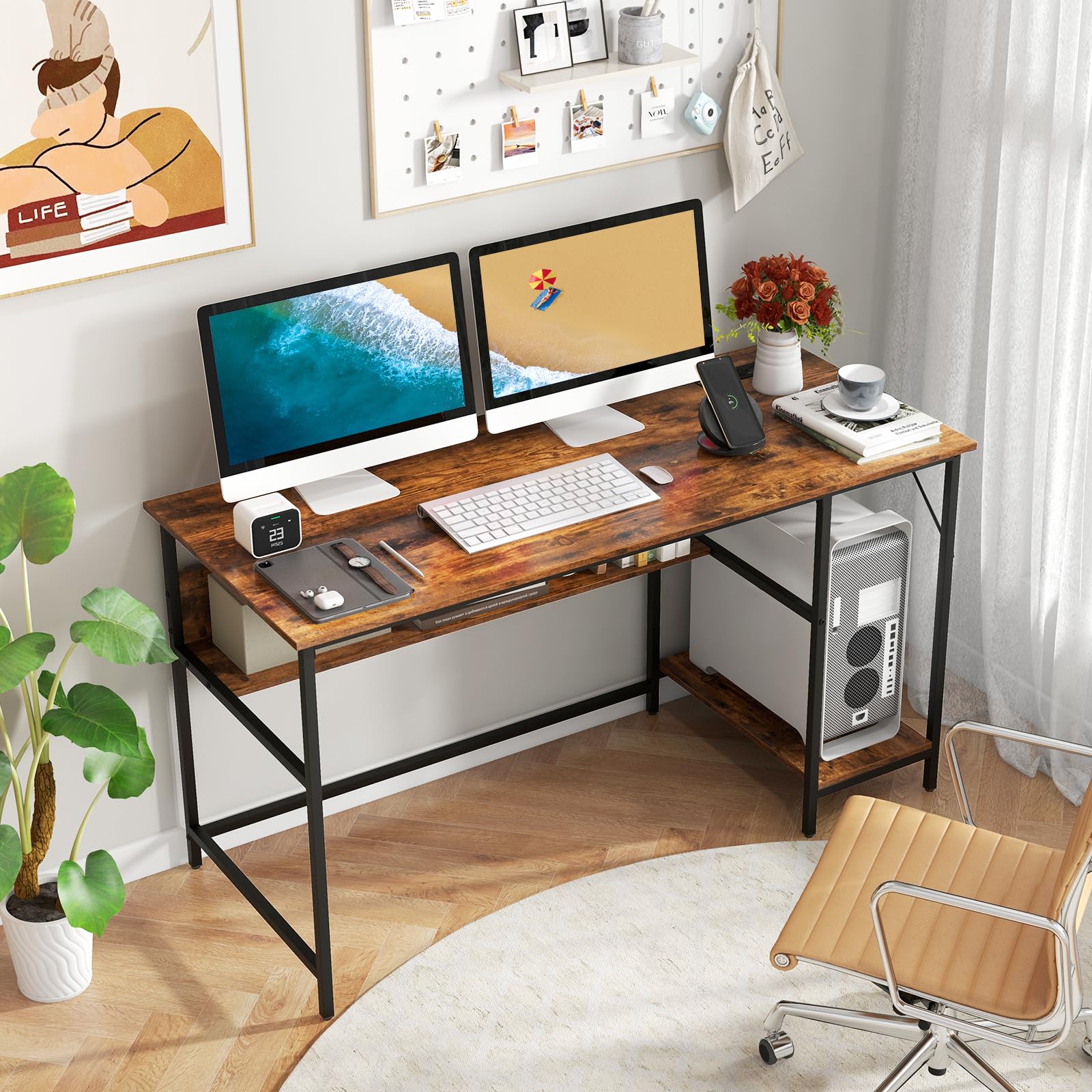 Tangkula 55 Inch Computer Desk with 4 Power Outlets & 2 USB Ports, Home Office Desk with Built in Charging Station with Switch, Computer Workstation Writing Study Desk with Storage Shelf & CPU Stand