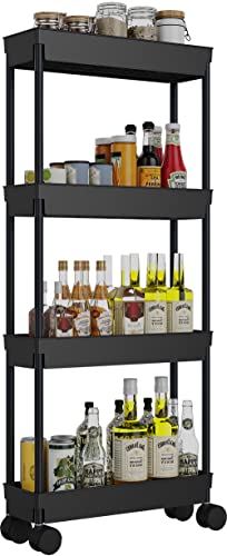 Sooyee 4 Tier Slim Storage Cart,Rolling Storage Cart,Narrow Shelf,Bathroom Rack,Mobile Shelving Unit Organizer for Kitchen, Bathroom, Laundry Room, Black
