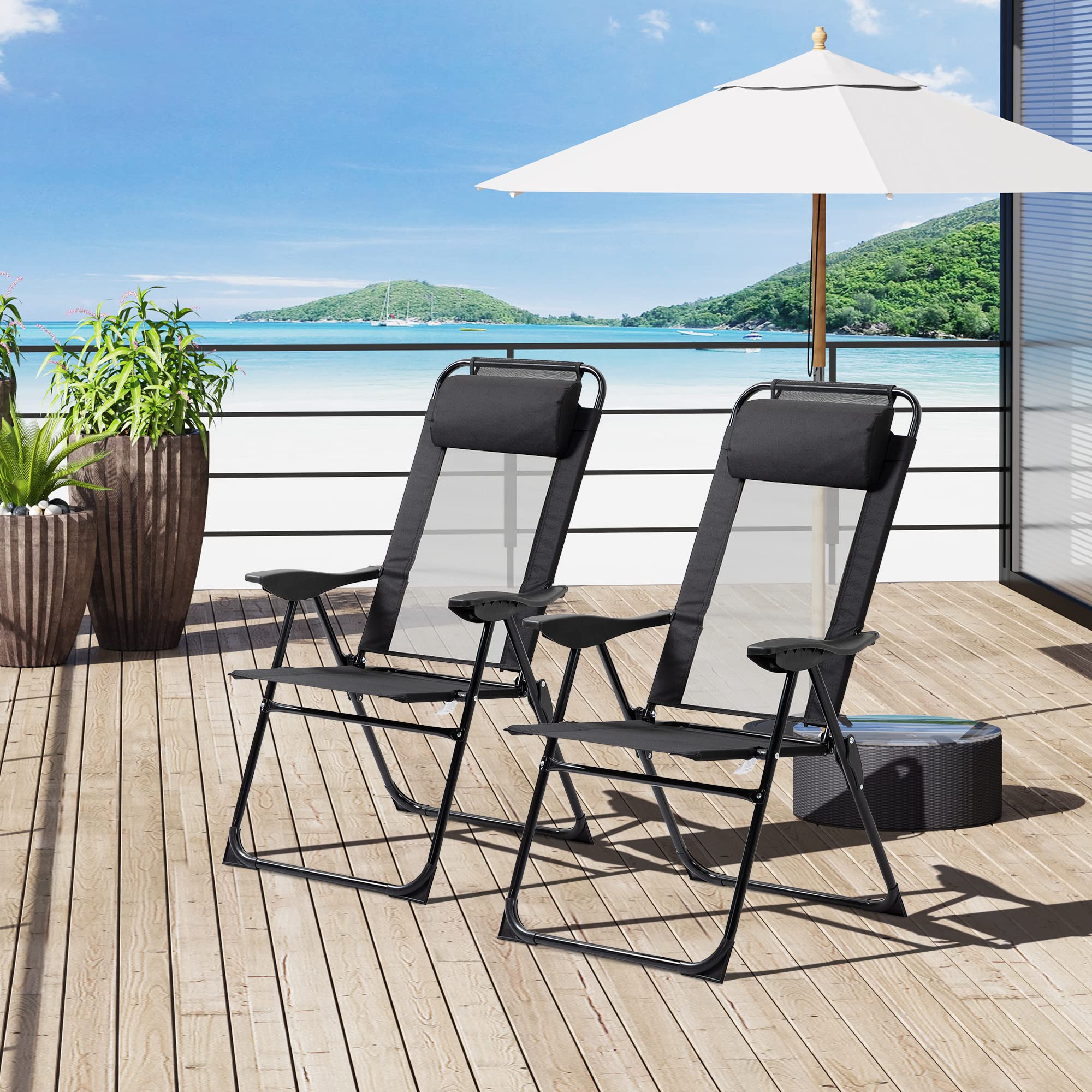 Outsunny Folding Patio Chairs Set of 2, Outdoor Deck Chair with Adjustable Sling Back, Camping Chair with Removable Headrest for Garden, Backyard, Lawn, Black