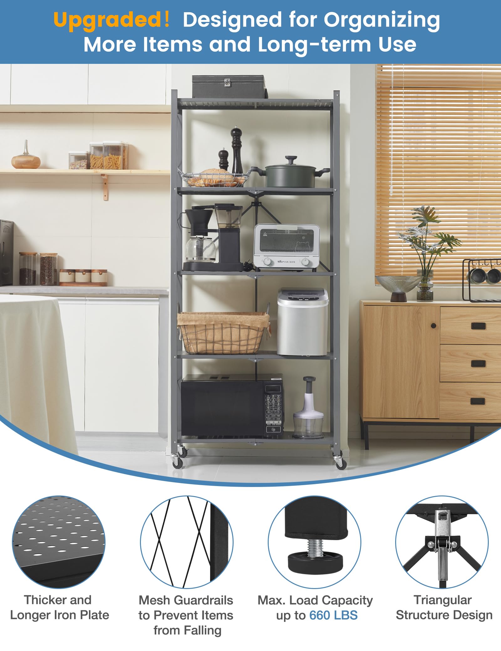 ALANNG 70.7" H Metal Storage Shelves, 5 Tier Folding Storage Shelves on Wheels, Heavy Duty Collapsible Shelving Unit, No Assembly Storage Rack for Kitchen, Basement, Pantry (Grey,1 Pack)