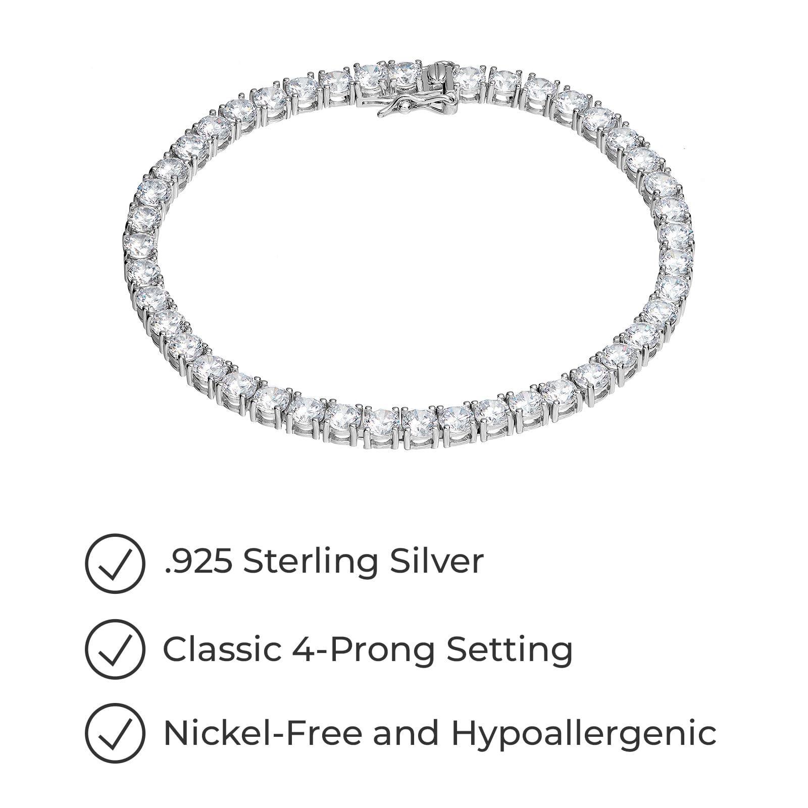 Amazon Essentials Platinum Plated Sterling Silver Round Cut Cubic Zirconia Tennis Bracelet (4mm), 7" (previously Amazon Collection)
