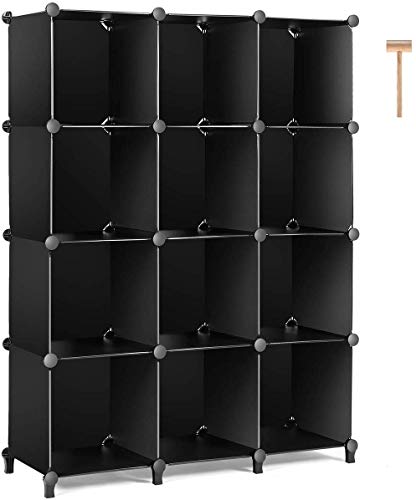 TomCare Cube Storage Organizer 12-Cube Closet Organizer and Storage Shelves Bookshelf Cubes Organizer Plastic Book Shelf Bookcase DIY Square Closet Cabinet Shelves for Bedroom Office, Black