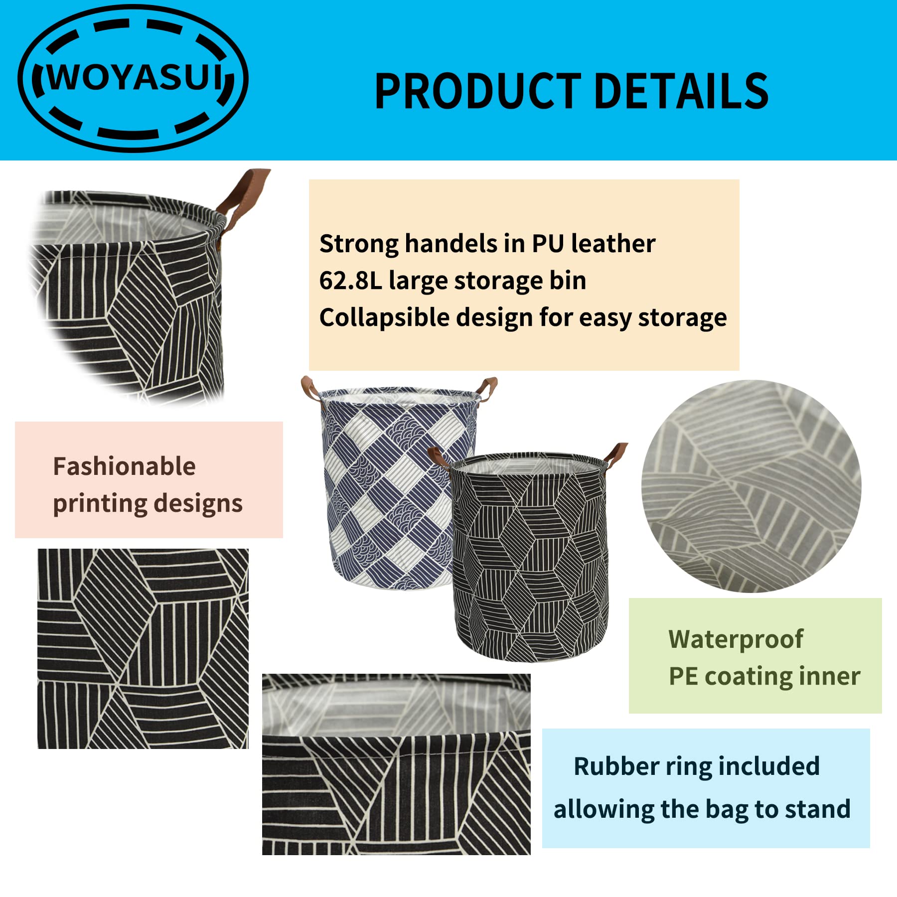Collapsible Round Storage Bin - WOYASUI Large Laundry Hamper Waterproof Organizer with Handles/Home Decor/Toy Books Holder Clothes Nursery Basket(2 PACKS,Black Geometric & Lucky Clouds)