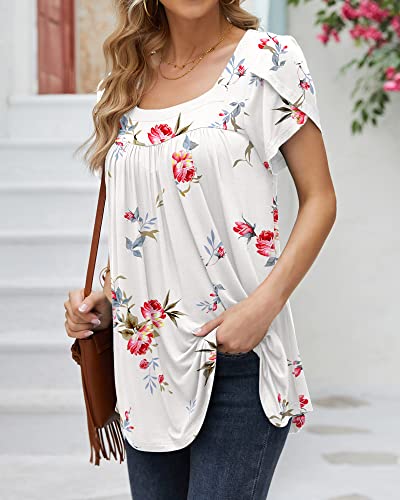 DUSDIMON Women's 2023 Summer Tunic Tops Petal Short Sleeve Square Neck Loose Flowy Pleated Shirts(Flower White, XL)