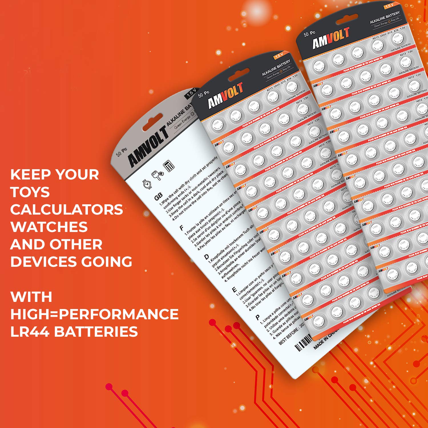 AmVolt 50 Pack LR44 AG13 SR44 357 303 LR44G Battery - [Ultra Power] Premium Alkaline 1.5 Volt Non Rechargeable Round Button Cell Batteries for Watches Clocks & Electronic Devices - 2029 Exp Date