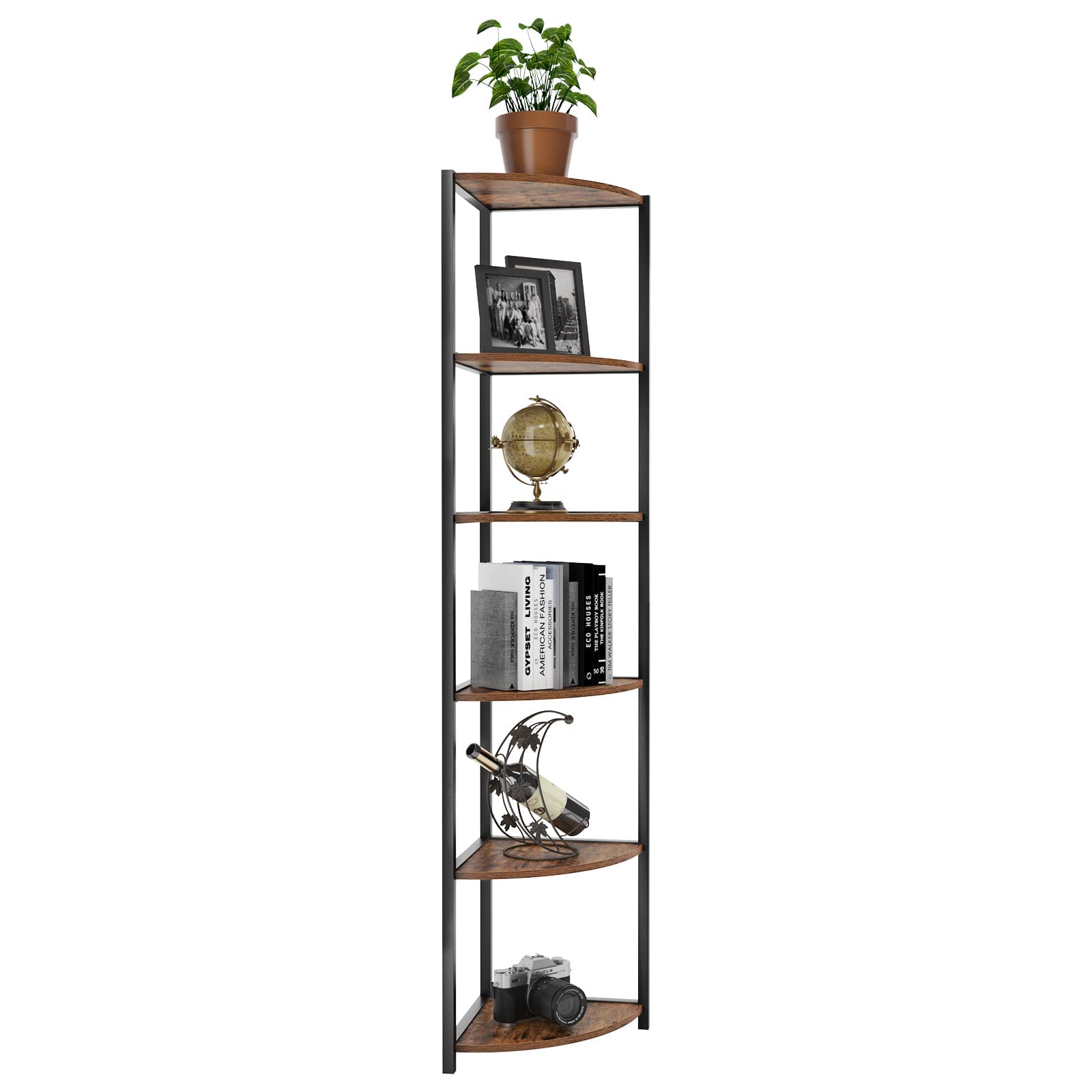 SogesHome 6-Tier Corner Shelf, Industrial Wood Corner Bookcase, Corner Storage Bookshelf Rack Shelves Stand for Kitchen, Living-Room, Bedroom, Small Spaces