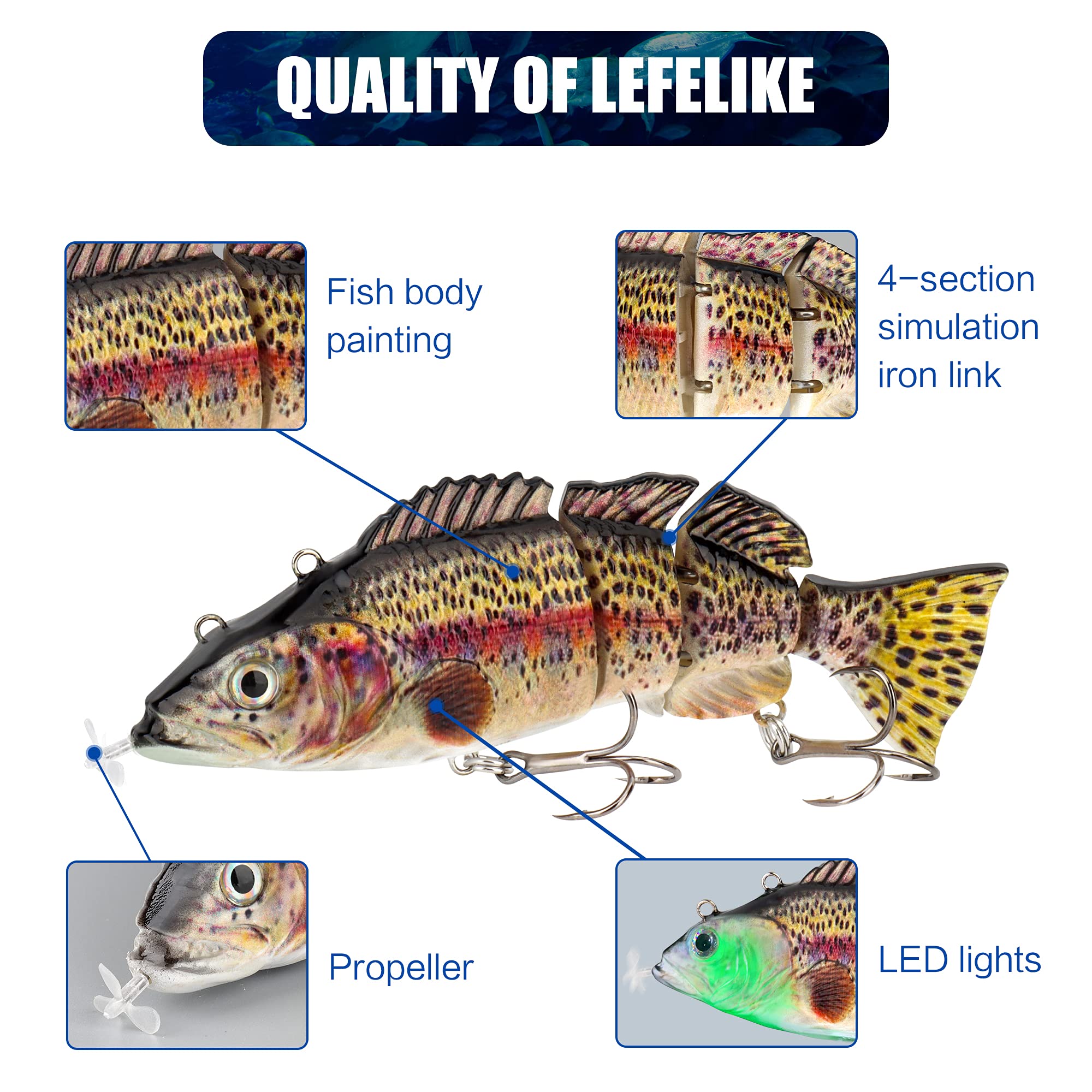 Actume Electric Fishing Lure 5.5'' Robotic Wobblers Bait Auto-Swimming 4 Segment Swimbaits USB Rechargeable LED Light Self-propelling Lure Tackle (Set G)
