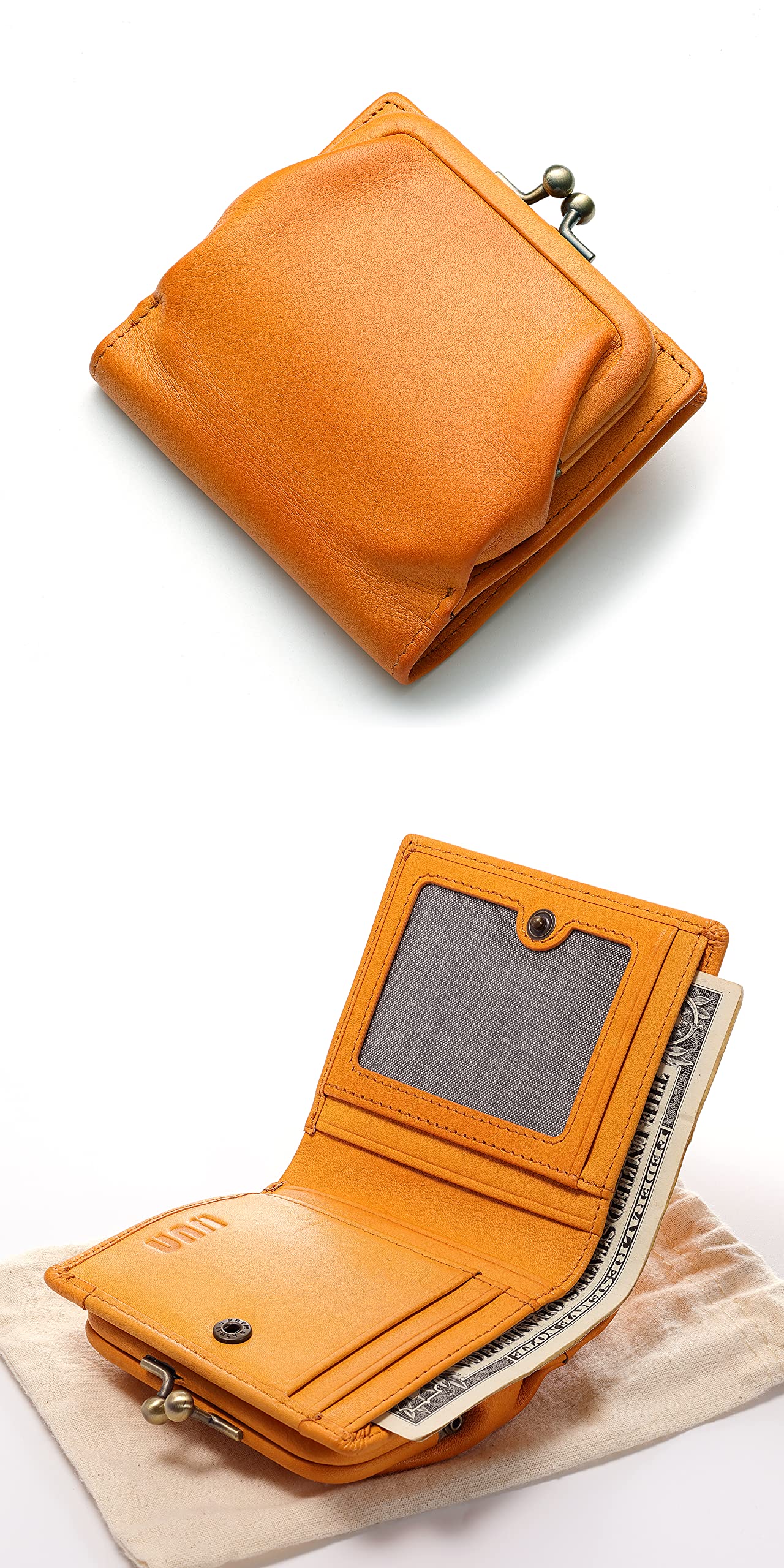 IJUN Full Grain Leather Bifold Small Wallet with Kiss Lock Coin pocket Genuine Leather Vintage Italian Oiled Vegetable Tanned Leather