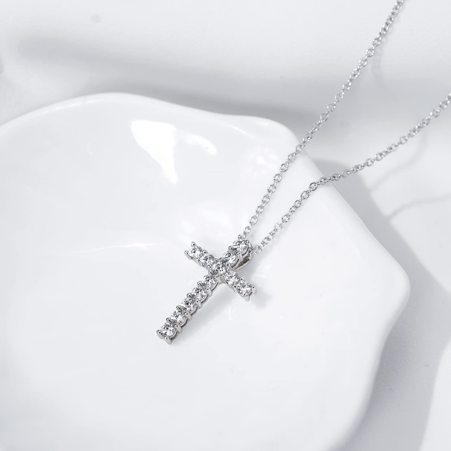 Amazon Essentials Platinum-Plated Sterling Silver Cross Pendant Necklace set with Infinite Elements Cubic Zirconia (1 cttw), 18" (previously Amazon Collection)