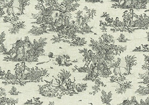 Textiles francais Mini Toile de Jouy Fabric (La Vie Rustique) - Anthracite Grey on a Soft, Linen-Look Base Cloth | 100% Cotton Designer Print | 61 inches Wide | Per Yard Length Increment