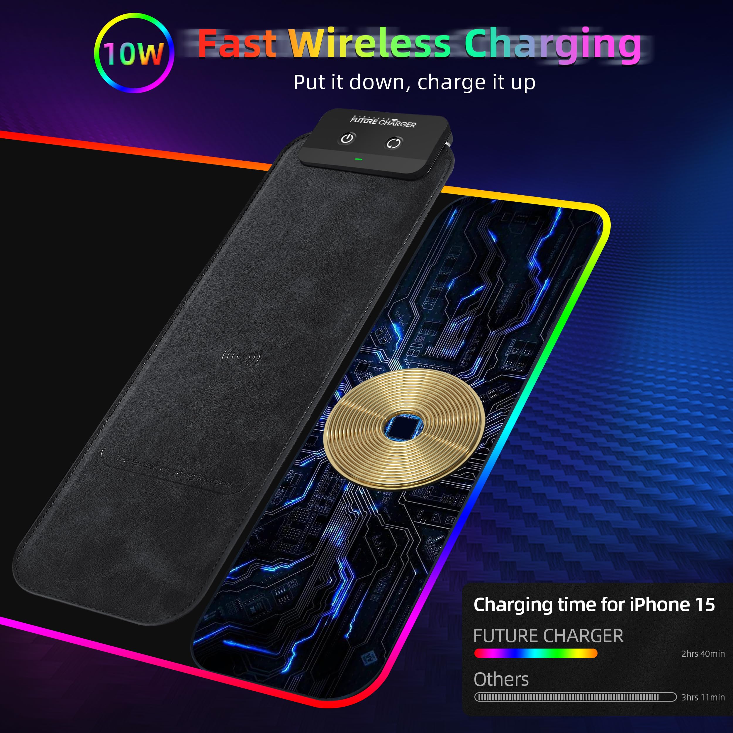 RGB Gaming Mouse Pad with Wireless Charging 10W, 31.5"x11.8" X-Large Desk Mat Protector, [9 Light Modes] [Light Switch] [Non-Slip Rubber Base] [Waterproof] Keyboard Mat