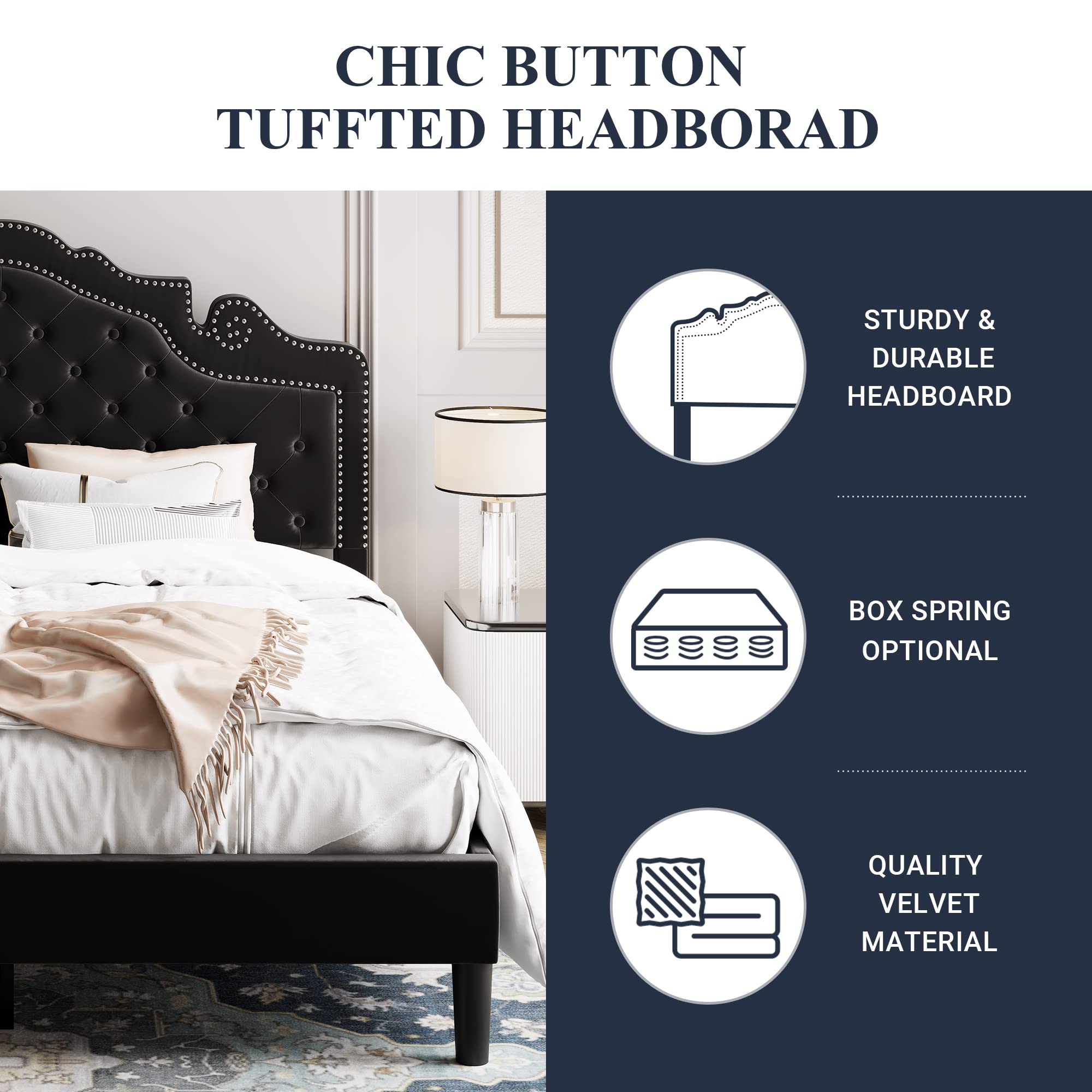 Allewie Queen Bed Frame with Velvet Tiara Headboard, Upholstered Diamond Button Tufted Platform Bed, Sturdy Wood Slats Support, No Box Spring Needed, Mattress Foundation, Easy Assembly, Black