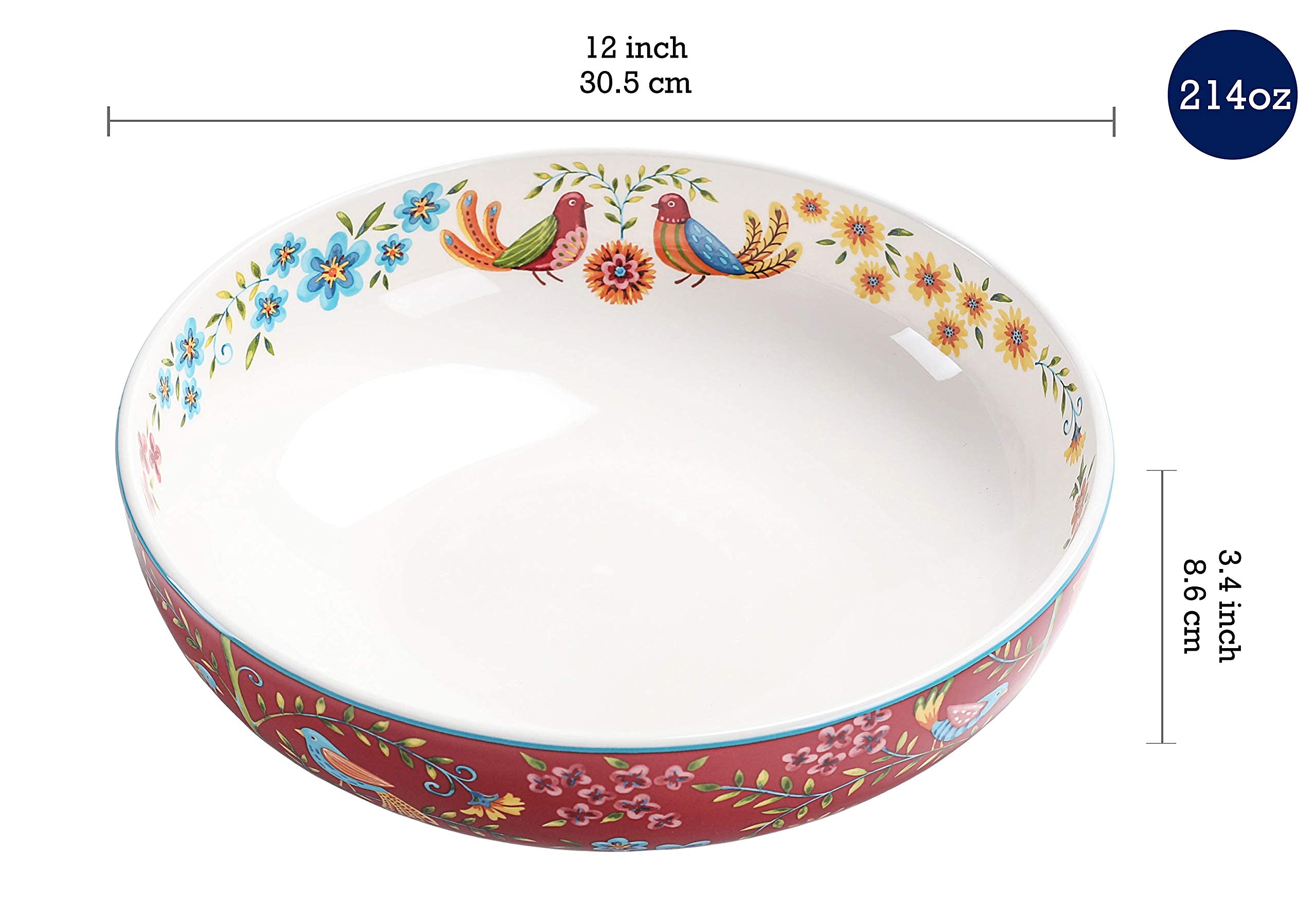 Bico Red Spring Bird Ceramic Pasta Bowl, Set of 9(1 unit 214oz, 8 units 35oz), for Pasta, Salad, Microwave & Dishwasher Safe
