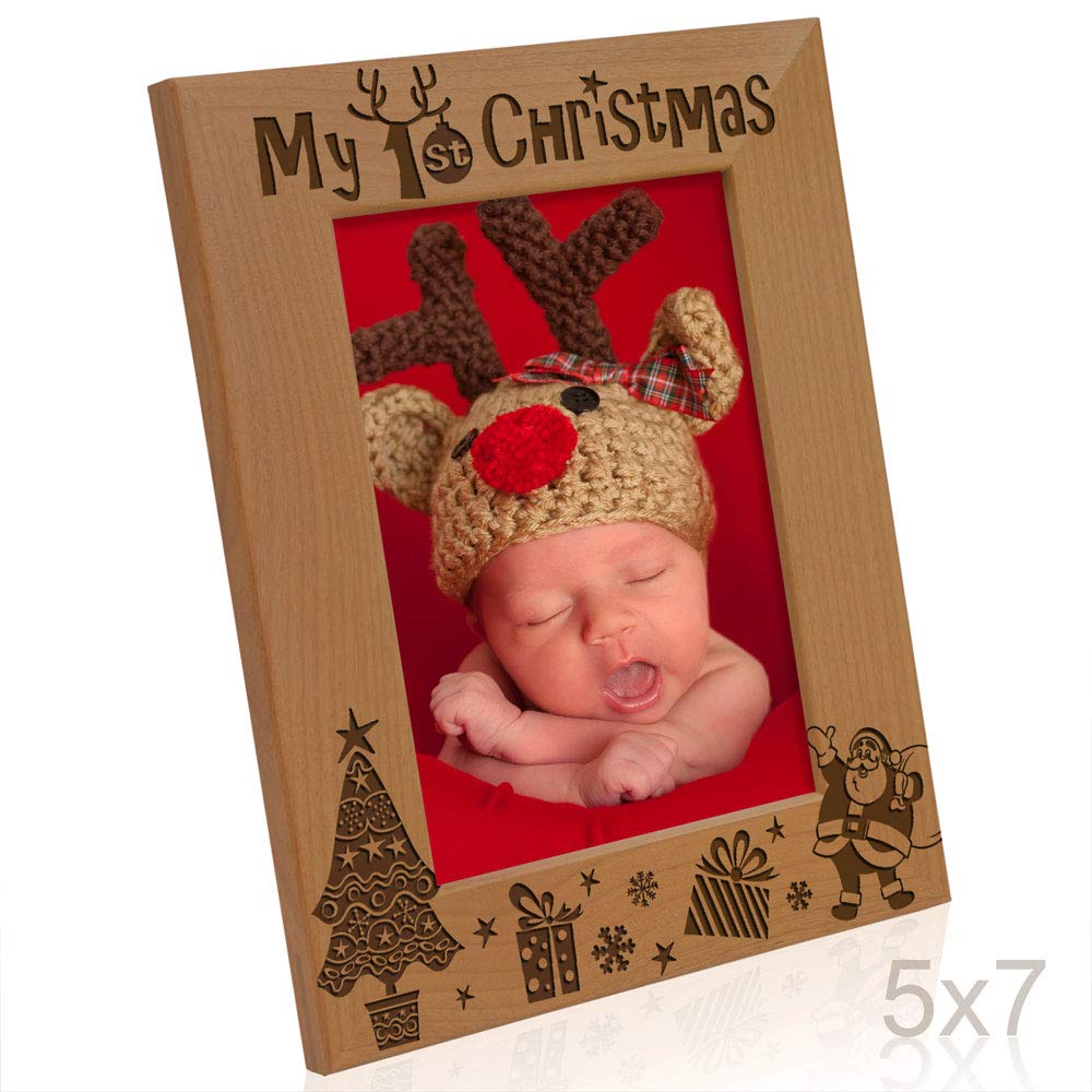 KATE POSH My 1st Christmas Picture Frame, My First, Baby's 1st Christmas, New Baby, Santa & Me Engraved Natural Wood Photo Frame (5x7-Vertical - Classic)