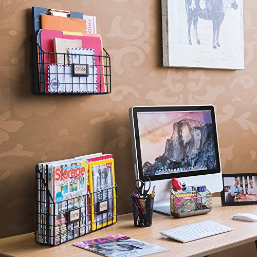Wall35 Rivista File Holder Home Office Desk Organizer, Wall Mounted Wide Chicken Wire Mail Organizer and Magazine Holder, Metal, Black