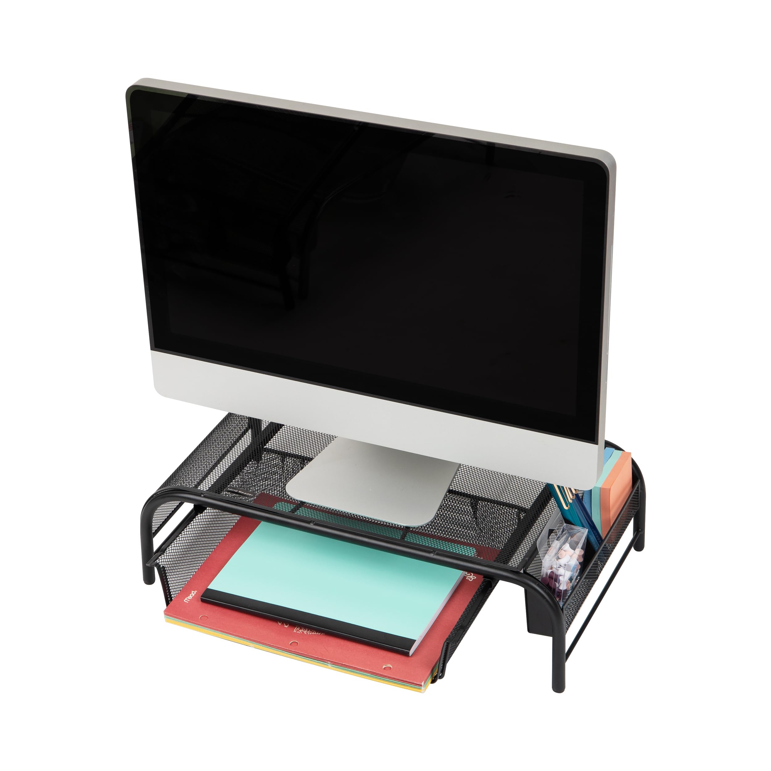 Mind Reader Monitor Stand, Ventilated Laptop Riser, Paper Tray, Storage, Office, Metal Mesh, 20"L x 11.5"W x 5.5"H, Black