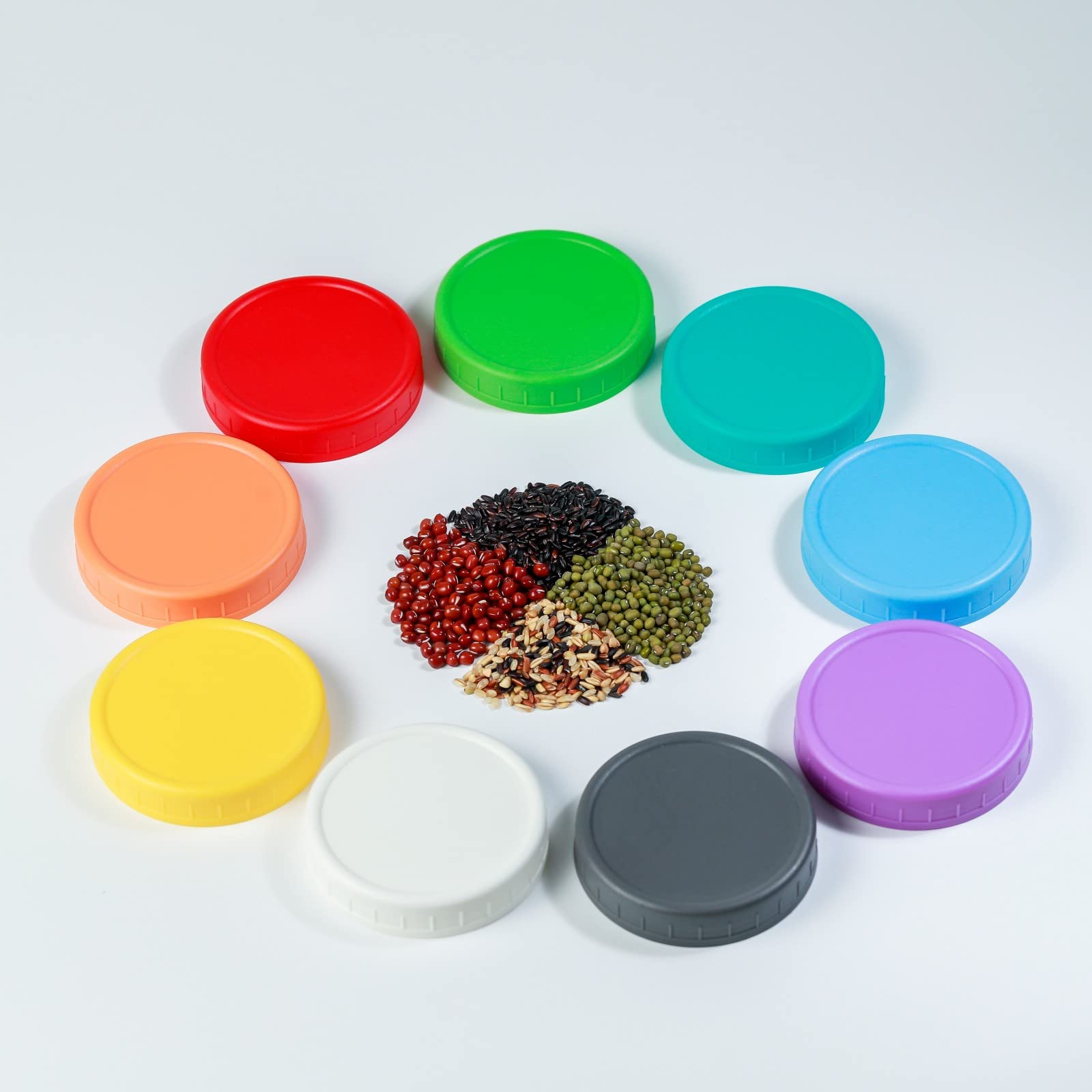 Bedgeta 9 Regular Mouth Mason Jar Lids with Silicone Ring,Thickened Leak-proof Lids Fit Ball,Kerr and More, 9 Color Plastic Lids, 70mm Plastic Mason Jar Lids