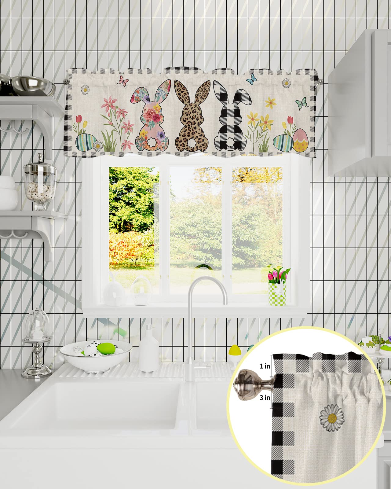 Valance Curtain for Kitchen Windows Happy Easter Fashion Leopard Gorgeous Flower Plaid Bunny Dream Garden Elegant Bathroom Window Curtain Valance Rod Pocket for Bedroom Living Room, 1 Panel