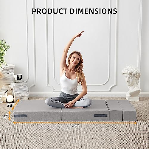 FILUXE Convertible Folding Sofa Bed - Sleeper Chair with Pillow, Modern Linen Fabric Floor& Futon Couch, Foldable Mattress for Living Room/Dorm/Guest Use/Home Office/Apartment, Single Size, Light Grey