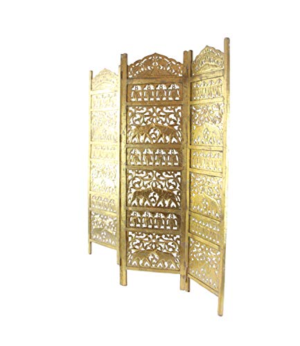 Deco 79 Wooden Scroll Handmade Partition Room Divider Screen Hinged Foldable Partition 4 Panel Privacy Screen with Carved Elephant Accents, Room Partition 80" x 1" x 72", Gold