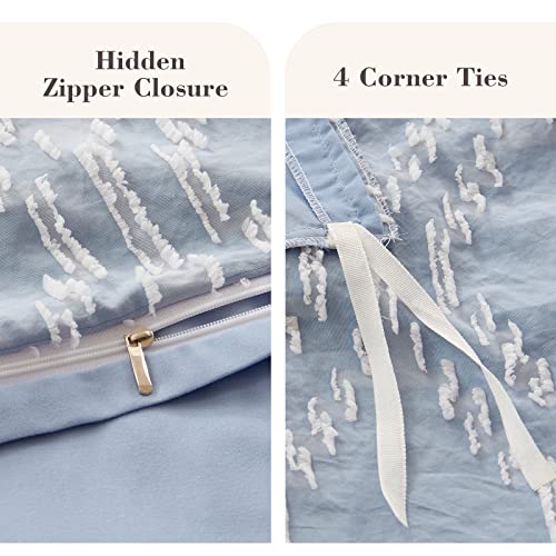 EMME Duvet Cover Set Microfiber, Tufted Queen Duvet Cover Set, Boho Bedding Sets Queen for All Seasons, 3 Pieces Embroidery Chic Duvet Cover Full, 1 Duvet Cover + 2 Pillowcases (Blue & White, Queen)