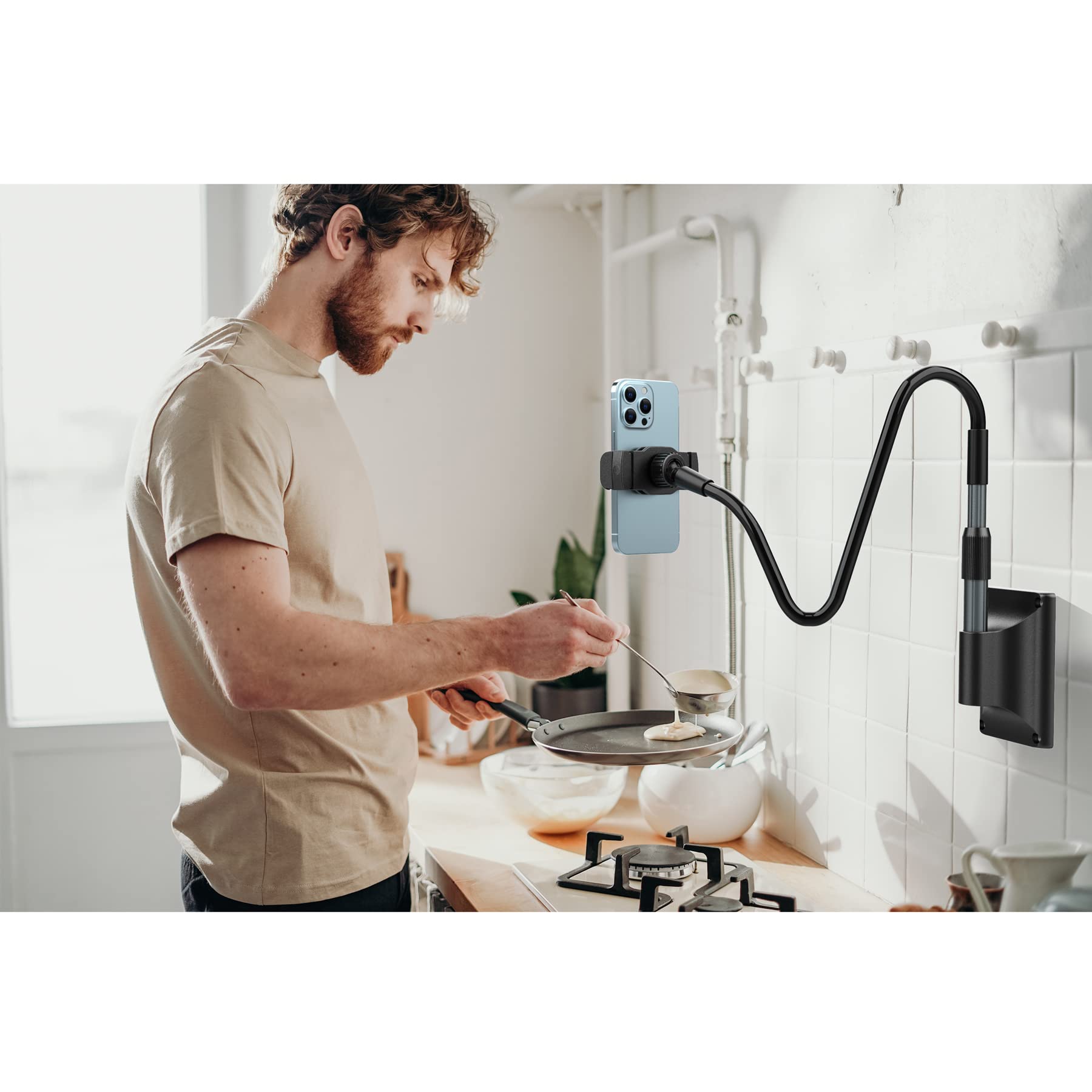 BEATYLIFE Wall Mount Cell Phone Tablet Holder - Flexible Arm Clip Phone Tablet Stand for Bathroom Bedroom Dorm Kitchen Toilet, Compatible with iPhone, iPad, Fire HD, Galaxy Tablet 4.7"-10.5"