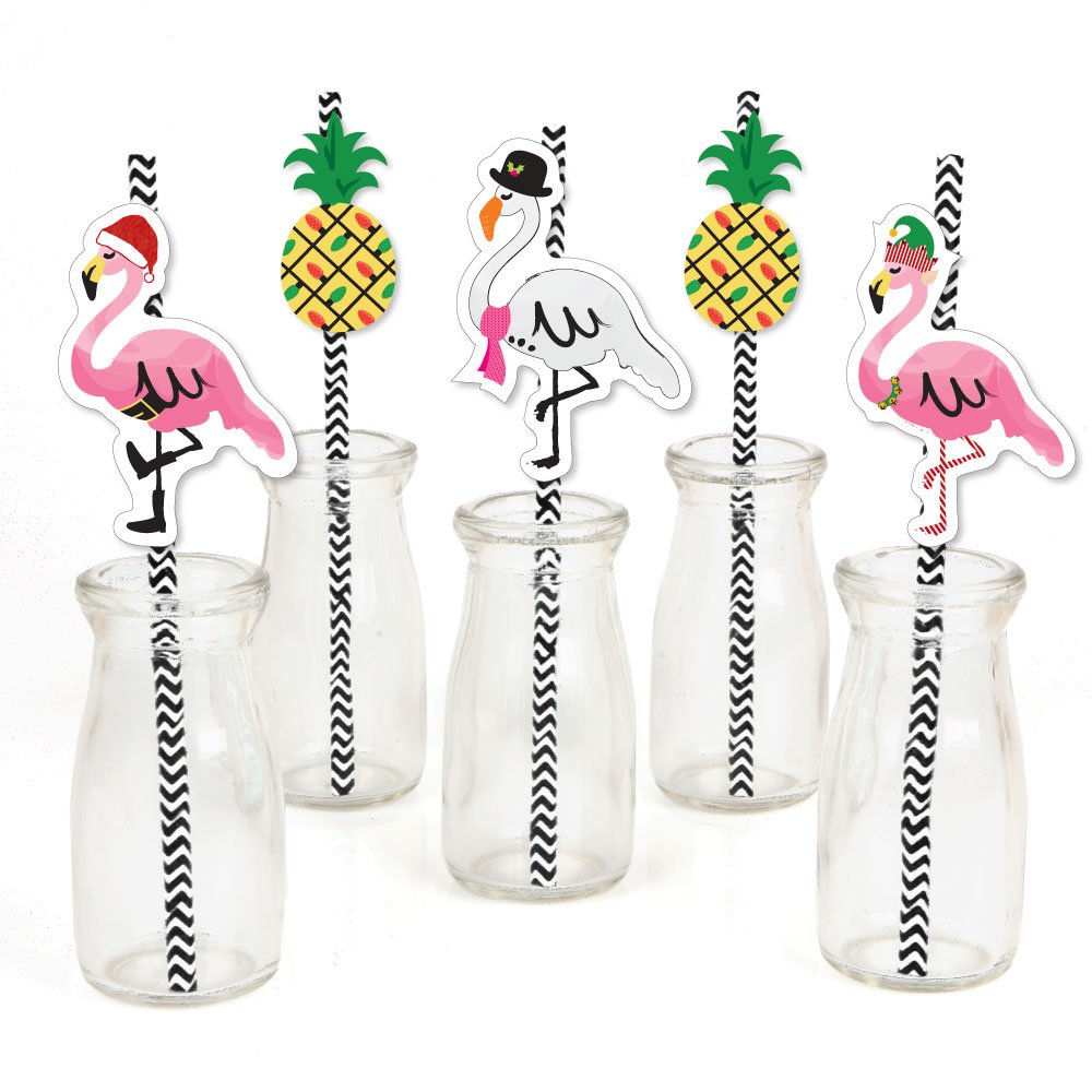 Big Dot of Happiness Flamingle Bells - Paper Straw Decor - Tropical Flamingo Christmas Party Striped Decorative Straws - Set of 24