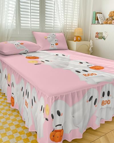 AMZRicher Halloween Wrap Around Pleated Bed Skirts for Queen Bed 60x80, Decorative Dust Ruffle Bed Sheet & Bedskirt 18'' Drop Bedspread with Pillow Case 20x30 White Ghost Pumpkin Blush Pink
