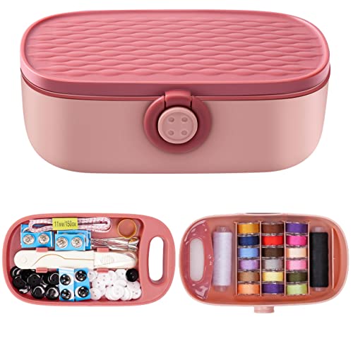 WANSHUNLMI Red Sewing Kit, 140Pcs Family Travel Sewing Project Kit Portable Small Traveler Sewing Supplies Repair Kit Thread Accessories DIY Sewing Supplies Organizer Box (Dark Red)
