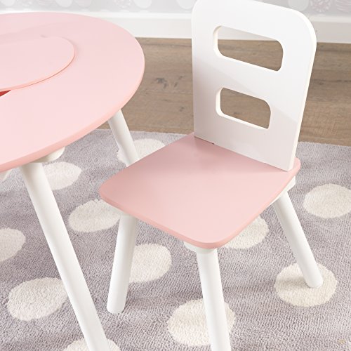 KidKraft Wooden Round Table & 2 Chair Set with Center Mesh Storage- Pink & White, 23.5 x 23.5 x 17.2