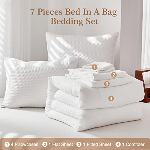 WARMDERN White Comforter Set King Size Waffle Weave Lightweight Bedding Comforter Sets Soft Microfiber Down Alternative Comforter 7 Pieces Bed in A Bag All Season(White, King)