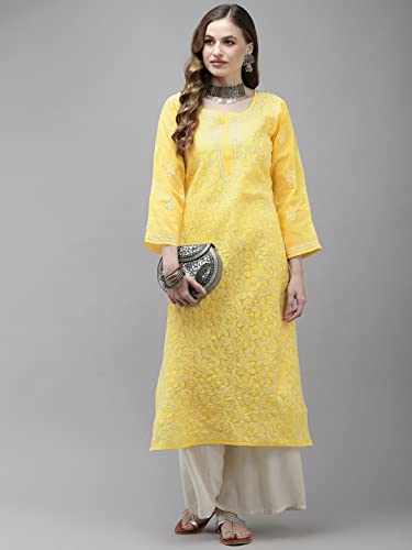 Ada Indian Hand Embroidered Chikankari Women's Cotton Straight Tunic Kurti Kurta A411345 (Yellow, 5XL)