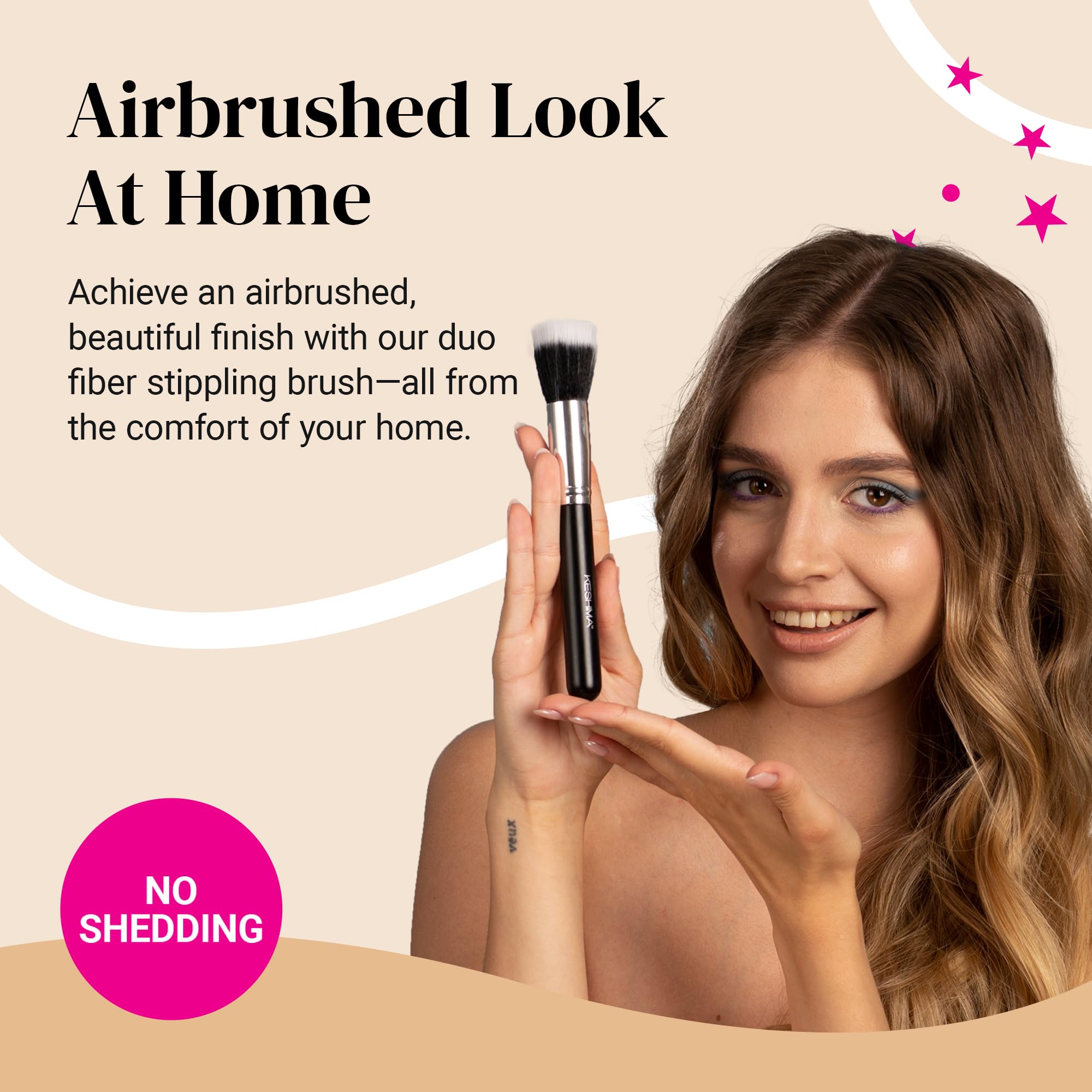 Keshima Duo-Fiber Stippling Brush - Premium Stipple Brush for Powder and Liquid Makeup Foundation