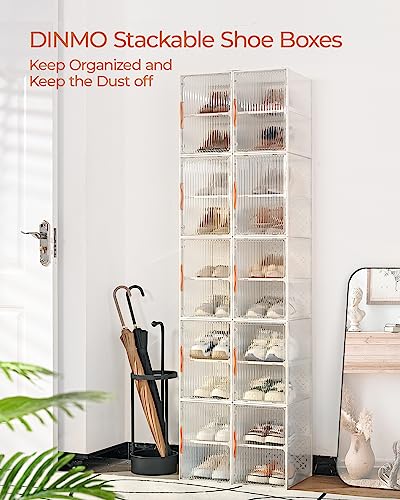 DINMO 10 Packs Shoe Box with Dividers, 20 Pairs, Clear Shoe Storage Organizer, Space Saving for Closet, Visualization, Foldable, White Transparent