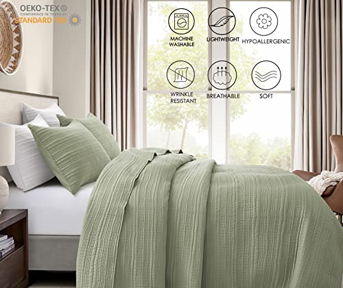 MOONLINE Quilt Set Full/Queen Size Olive Green 3 Piece,Lightweight Soft Microfibre Modern Stripe Pattern Reversible Quilted Bedspread&Coverlet Set for All Season (Includes 1 Quilt and 2 Pillow Shams)